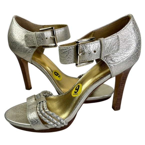 Coach | Shoes | Coach Gold Textured Leather Ankle Strap 45 Heel ...